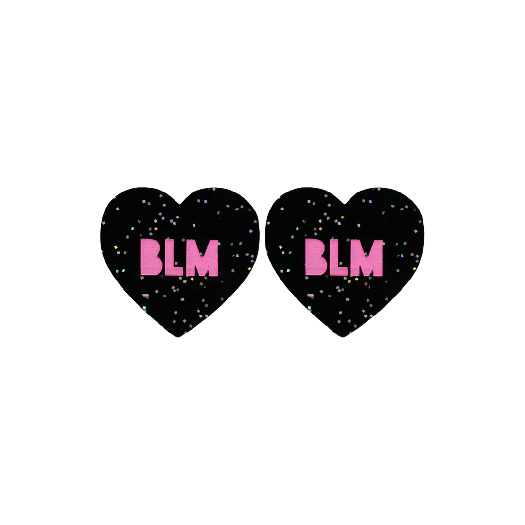 Haus of Dizzy 'BLM' Black Glitter Heart Studs